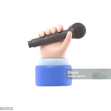 만화 제스처 아이콘 Mockupcartoon 손 들고 마이크3d 흰색 배경에 렌더링 3차원 형태에 대한 스톡 사진 및 기타 이미지 3차원 형태 가공의 인물 가수