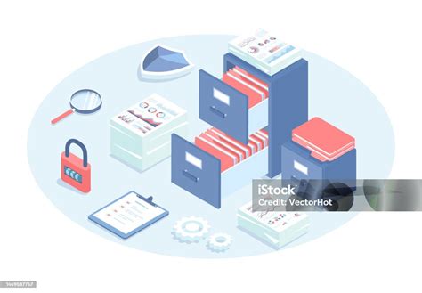 문서 구성 데이터 저장 경영학 파일 관리 시스템 보관 서비스 3d 디자인의 벡터 그림입니다 아이소메트릭 웹 배너입니다 3차원 형태에 대한 스톡 벡터 아트 및 기타 이미지