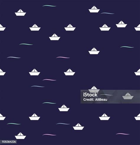 종이 보트 미니 멀 귀여운 복고풍 스타일의 화려한 파도 원활한 벡터 패턴 물 호수 바다 바다 또는 강 큰 몸에 항해 종이 찜 0명에 대한 스톡 벡터 아트 및 기타 이미지