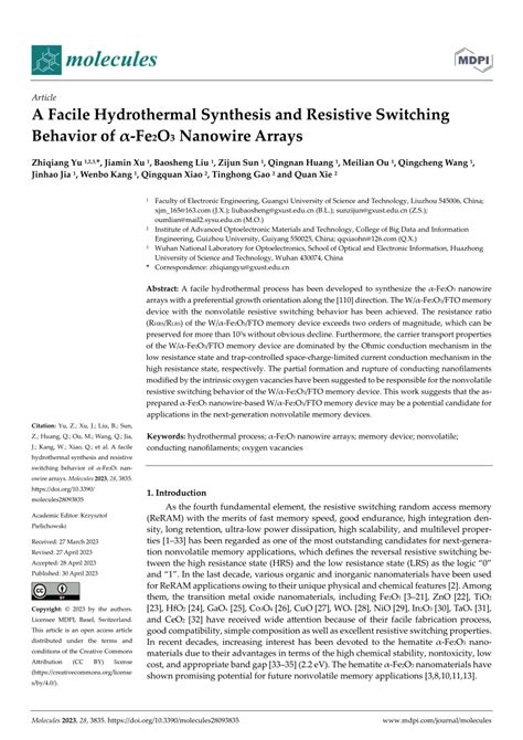 Pdf A Facile Hydrothermal Synthesis And Resistive Switching Behavior Of α Fe2o3 Nanowire Arrays
