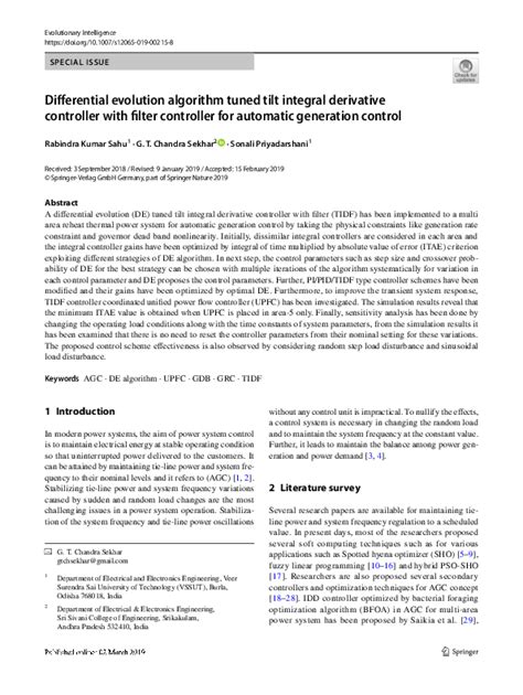 Pdf Differential Evolution Algorithm Tuned Tilt Integral Derivative Controller With Filter