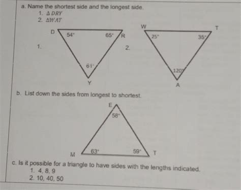 Solved Name The Shortest Side And The Longest Side Delta DRY Delta WAT B List Down T