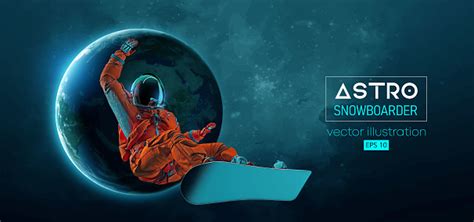 우주 액션에서 스노우 보드의 추상 한 실루엣과 지구 화성 행성 우주의 배경 트릭을 하고 있는 스노우 보더 남자 조각 벡터 3d 렌더링 그림 스키타기에 대한 스톡 벡터 아트