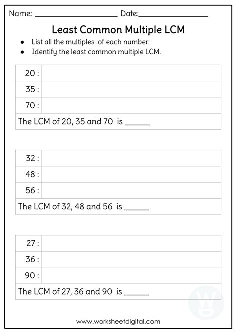Find The Lcm Worksheet Least Common Multiple Practice Sheet By
