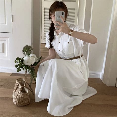 루어스룸 헤이즐 여름 클래식 코튼 반팔 카라 셔츠 벨트 버튼 단추 플레어 A라인 롱 원피스