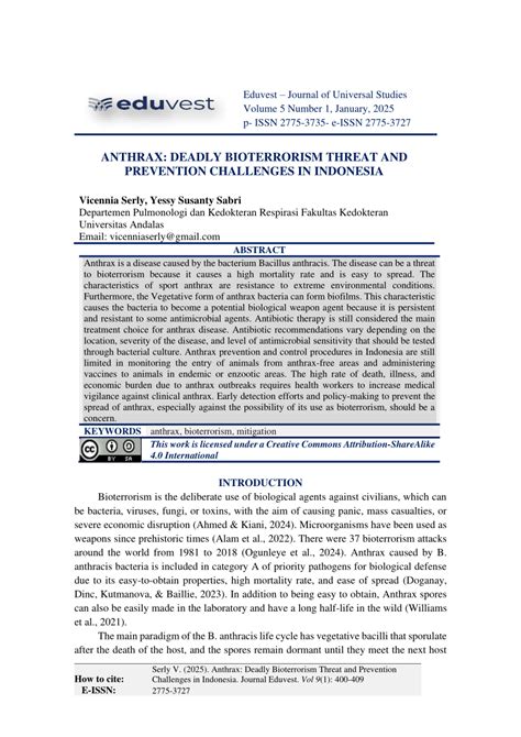 Pdf Anthrax Deadly Bioterrorism Threat And Prevention Challenges In Indonesia