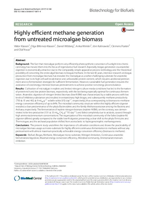 Pdf Highly Efficient Methane Generation From Untreated Microalgae Biomass