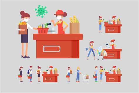 코비드19 얼굴 보호 마스크를 착용하는 사람들 슈퍼마켓에서 쇼핑 장바구니를 가진 구매자 바이러스 예방 마스크를 착용하고 음식과 용품을 구입하십시오 만화 캐릭터 플랫 벡터