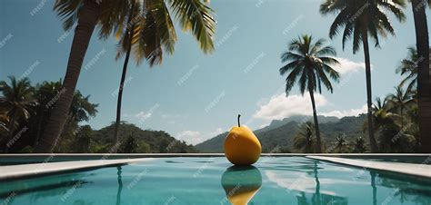 Mango Floating On Swimming Pool With Palm Trees In The Background Premium Ai Generated Image