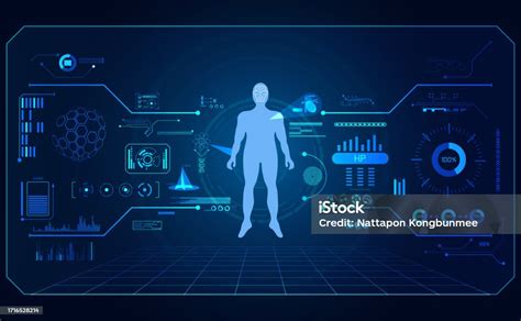 추상 기술 Ui 미래 개념 인간의 건강 Hud 인터페이스 홀로그램 디지털 데이터 차트 통신 컴퓨팅 및 하이테크에 대한 활력 혁신의 요소 건강관리와 의술에 대한 스톡 벡터