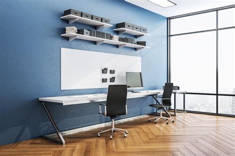 Premium Photo Modern Blue Workplace With Somputer On Table