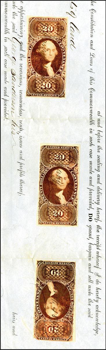 Usir First Issue 20 Conveyance Stamps Scott R98a 3 Examples Imperf On Deed From 1864