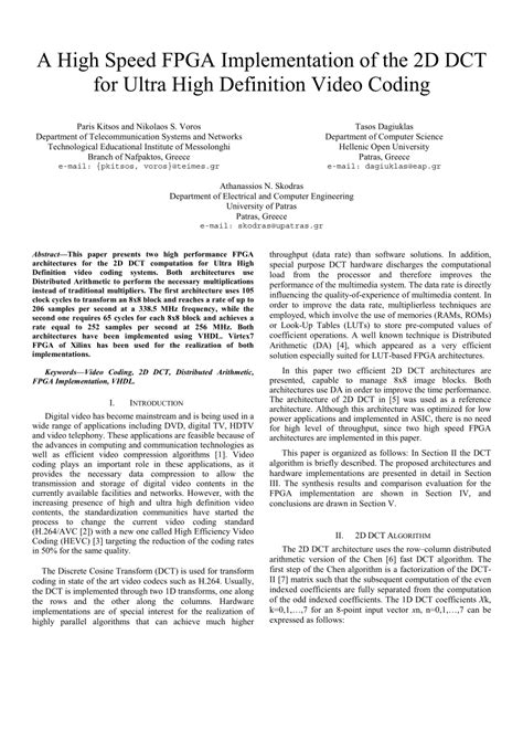 Pdf A High Speed Fpga Implementation Of The 2d Dct For Ultra High Definition Video Coding