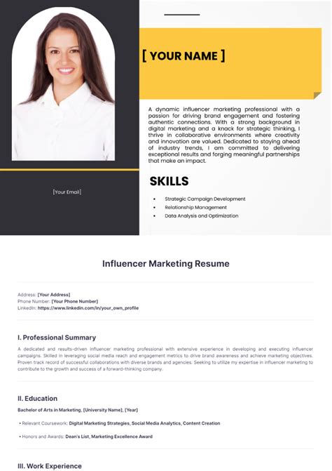 Free Influencer Marketing Resume Template To Edit Online