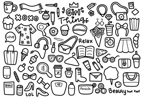 Girl Items Doodle Set 1235290 Vector Art At Vecteezy