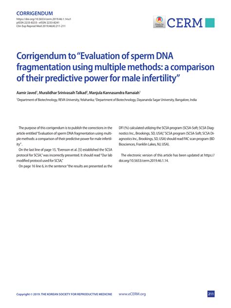 Pdf Corrigendum To Evaluation Of Sperm Dna Fragmentation Using