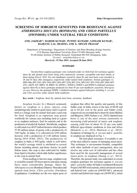 Pdf Screening Of Sorghum Genotypes For Resistance Against Atherigona Soccata Rondani And