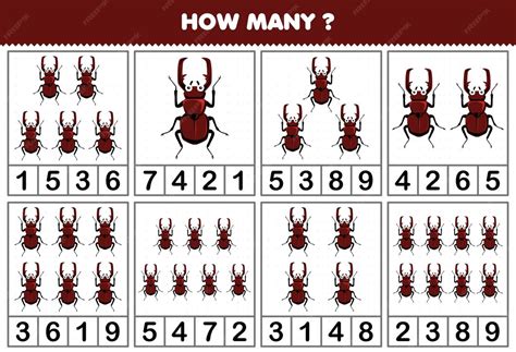 각 테이블에 인쇄 가능한 버그 워크시트에 얼마나 많은 귀여운 만화 딱정벌레가 있는지 세는 어린이용 교육 게임 프리미엄 벡터
