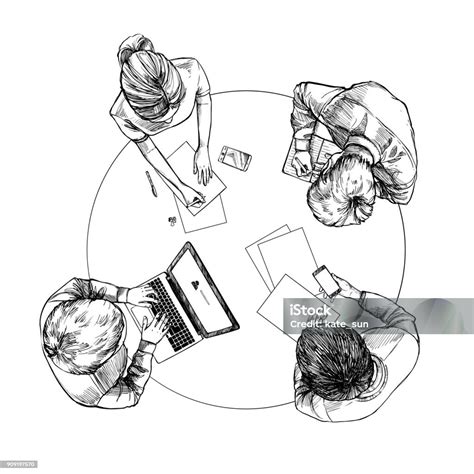 손으로 그린 벡터 일러스트 레이 션 보기 톱 Businessmens 테이블에서 비즈니스 대화 스케치 스타일에서 컨셉 아트입니다