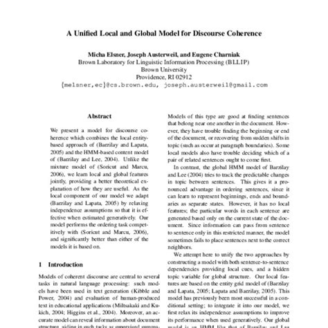 A Unified Local And Global Model For Discourse Coherence Acl Anthology