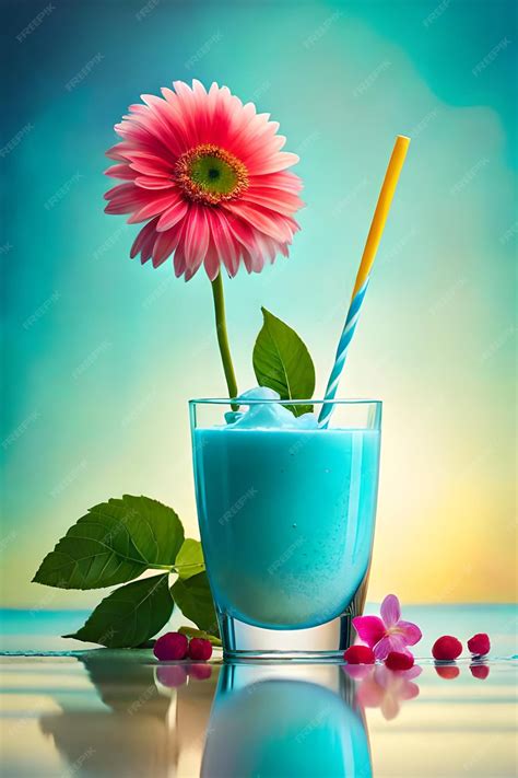 Premium Ai Image A Blue Milkshake With A Flower In The Glass