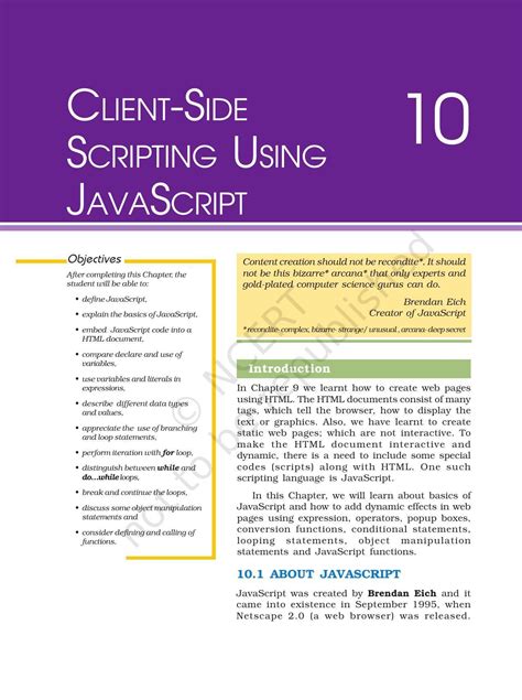 Ncert Book For Class 11 Computers Chapter 10 Client Side Scripting Using Javascript