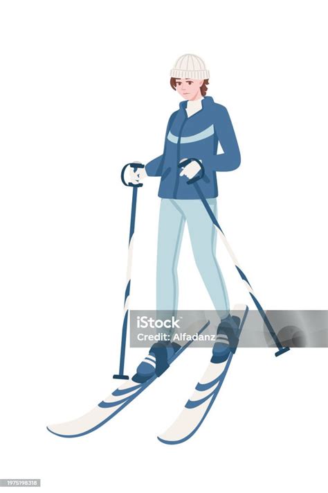 흰색 배경에 파란색 스키와 스틱과 겨울 재킷 만화 캐릭터 디자인 벡터 일러스트 레이 션으로 여전히 서있는 여성 스키어 겨울에 대한 스톡 벡터 아트 및 기타 이미지 Istock
