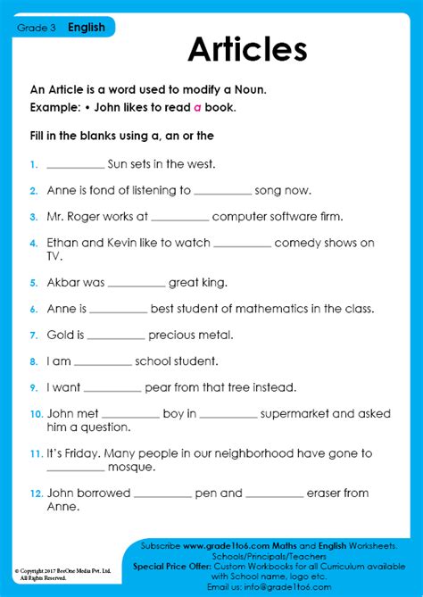 Articles Worksheet Grade 3 Worksheets Library