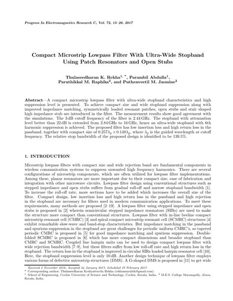 Pdf Compact Microstrip Lowpass Filter With Ultra Wide Stopband Using Patch Resonators And Open