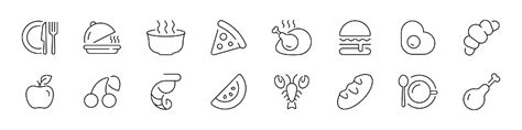 점심 아이콘 세트입니다 점심 벡터 아이콘입니다 음식과 관련된 개요 아이콘 집합입니다 선형 아이콘 컬렉션입니다 편집 가능한 획 벡터 아이콘 건강한 생활방식에 대한 스톡 벡터