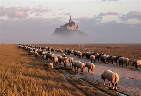 A View Of Mont Saint Michel In France Showing Sheep In Front Of It