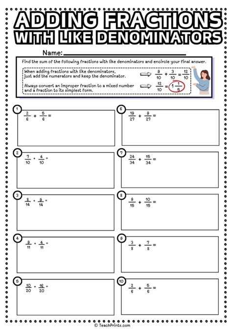 Free Adding Fractions With Like Denominators Worksheets Teach Prints