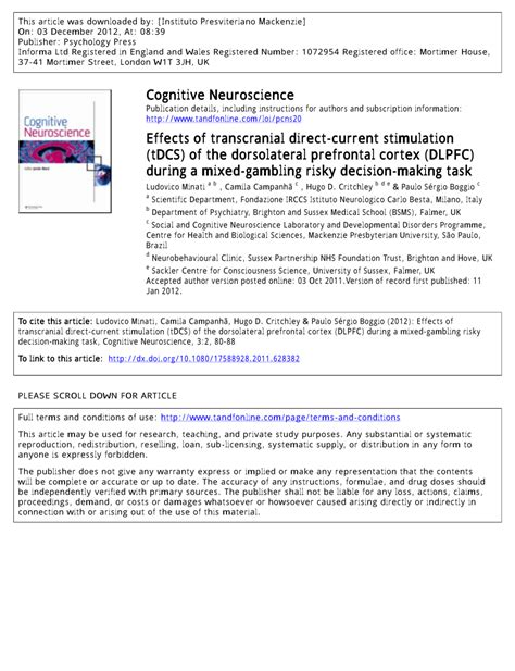Pdf Effects Of Transcranial Direct Current Stimulation Tdcs Of The Dorsolateral Prefrontal