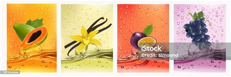 과일과 야채 음료와 라벨 세트 신선한 과일 주스가 함께 튀는 파파야 패션 프루트 포도 바닐라 주스 음료가 튀는 것 3d 신선한 과일 벡터 그림입니다 방울에 대한 스톡 벡터