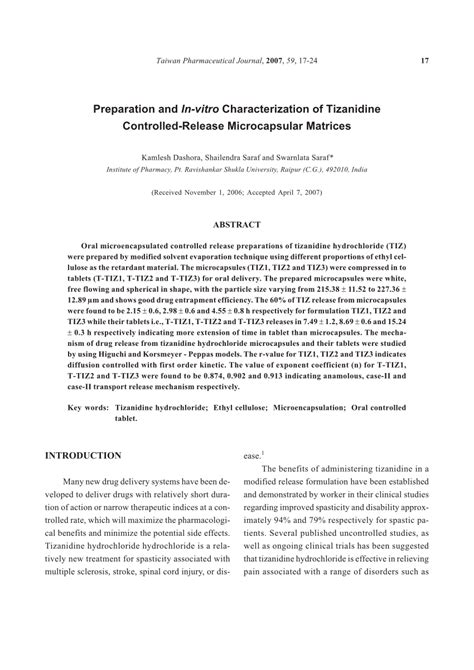 Pdf Preparation And In Vitro Characterization Of Tizanidine