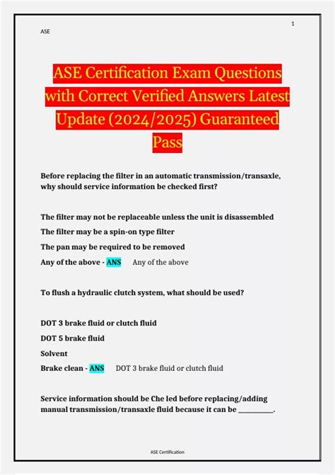 Ase Certification Exam Questions With Correct Verified Answers Latest Update 2024 2025