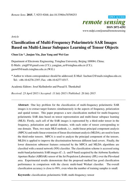 Pdf Classification Of Multi Frequency Polarimetric Sar Images Based On Multi Linear Subspace
