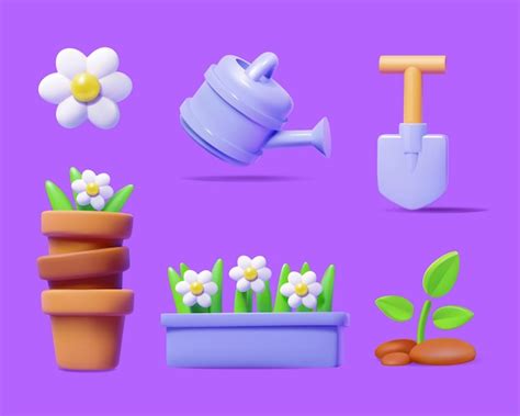 Premium Vector Set Of 3d Gardeningthemed Objects Flower Pot Of Plants