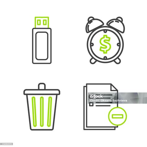 마이너스 휴지통 알람 시계 달러 기호 및 Usb 플래시 드라이브 아이콘이있는 선 문서를 설정합니다 벡터 Usb 케이블에 대한 스톡 벡터 아트 및 기타 이미지 Istock