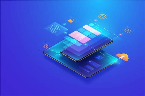 앱 개발 및 웹 디자인 터치 스크린 스마트 폰의 계층화 된 사용자 인터페이스 및 화면 프리미엄 벡터