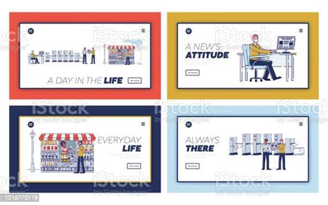 웹 사이트 방문 페이지 작업 직원과 신문 생산 프로세스 템플릿 만들기 기계로 인쇄 하고 신선한 신문을 얻을 웹 페이지 만화 선형 윤곽선 평면 벡터 일러스트 세트 남자에 대한