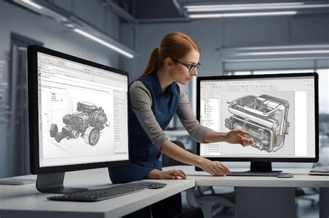 Engineer Working On Desktop Computer Screen Showing Cad Software With Engine 3d Model Premium