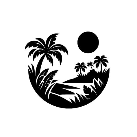 Monochromatic Tropical Island Silhouette Palm Trees Shoreline And Sun