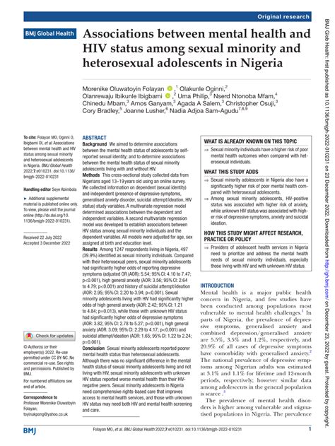Pdf Associations Between Mental Health And Hiv Status Among Sexual