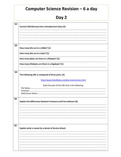 Gcse Igcse Computer Science 6 A Day Revision Questions 14 Days Teaching Resources