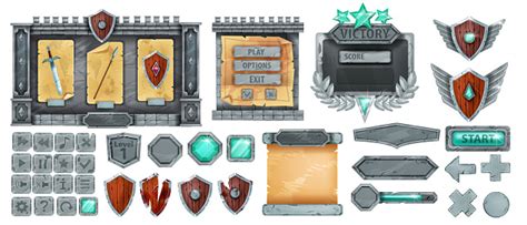 돌 게임 Ui 벡터 세트 Rpg 록 버튼 인터페이스 어워드 프레임 키트 회색 바위 사인 보드 메뉴 중세에 대한 스톡 벡터 아트 및 기타 이미지 Istock
