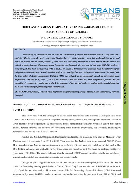 Pdf Forecasting Mean Temperature Using Sarima Model For Junagadh City Of Gujarat