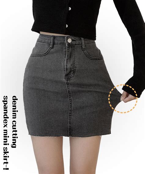 데님 밑단 컷팅 스판 미니 스커트 에이블리