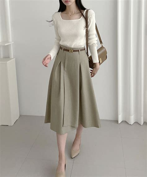 코넛 벨트세트 핀턱 언발 플레어 A라인 겨울 가을 롱 스커트 에이블리