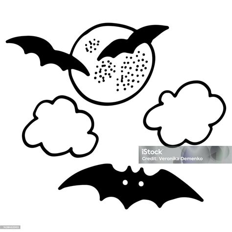 박쥐와 달 할로윈 낙서 귀여운 스티커 색칠 페이지 라인 아트 소름 끼치고 재미있는 캐릭터 휴일 삽화 개요 가을에 대한 스톡 벡터